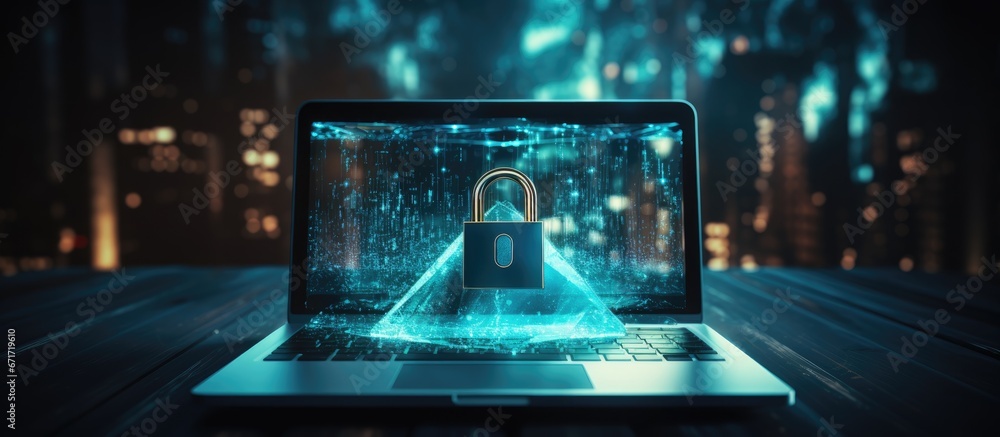 Digital laptop background with blue lock symbol and keyhole ...