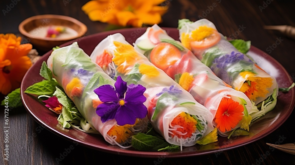 Edible flowers spring rolls. Beautiful and delicious Thai cuisine ...