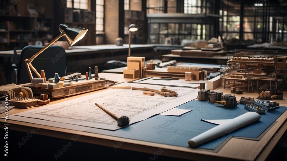 An architectural firma??s workspace featuring blueprints sprawled on ...