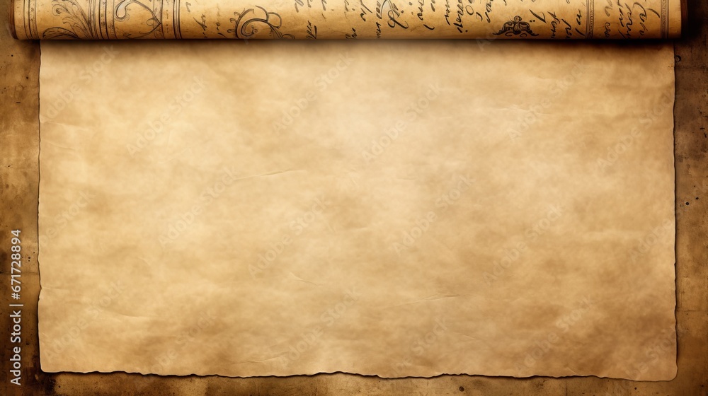 An ancient scroll made of parchment placed on a weathered old paper ...