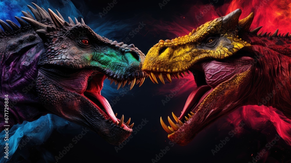 two dinosaurs face to face with each other in front of a red, blue ...