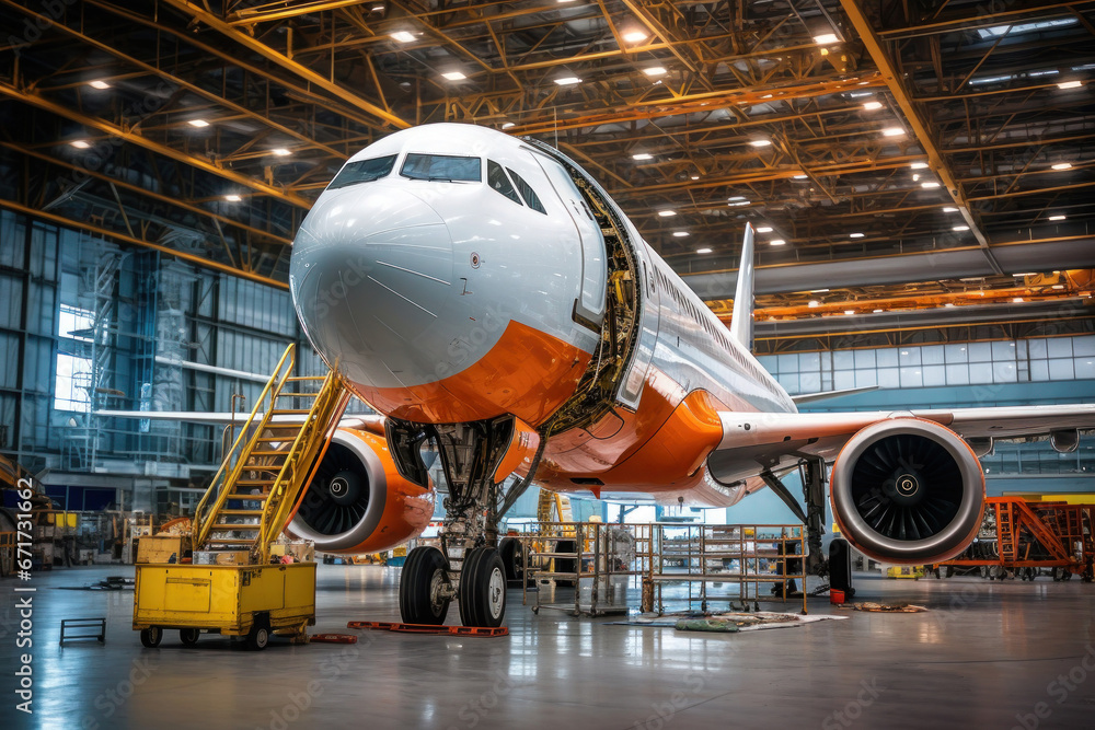 Maintenance of aircraft in hangar. Checking system and replacement of ...