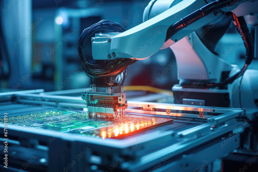 Automated robot arm assembling processor on circuit board. Automatic ...