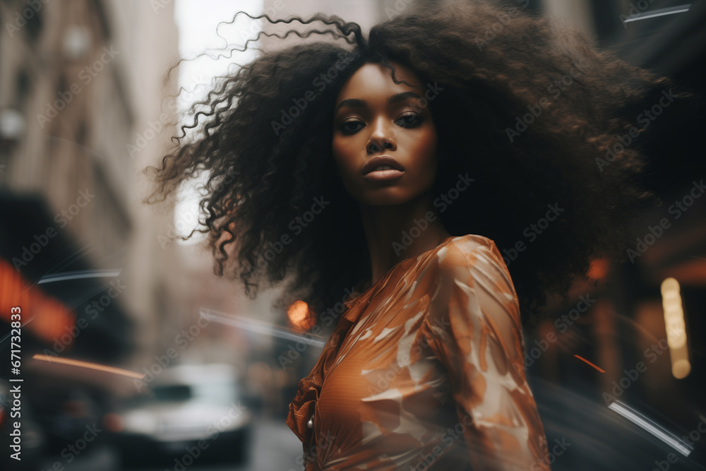 Blurred side angle of an ebony female model in the background of a New ...