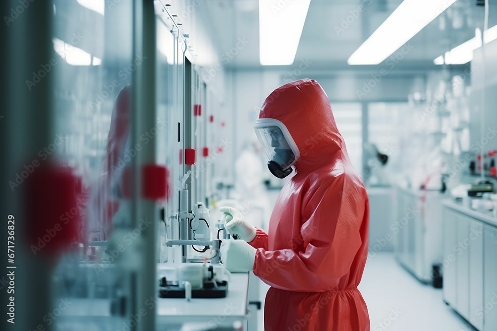 Illustration of a female scientist in a laboratory, wearing a red lab ...
