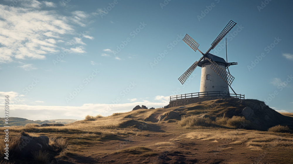 An old windmill stands proudly atop a hill, its large blades slowly ...