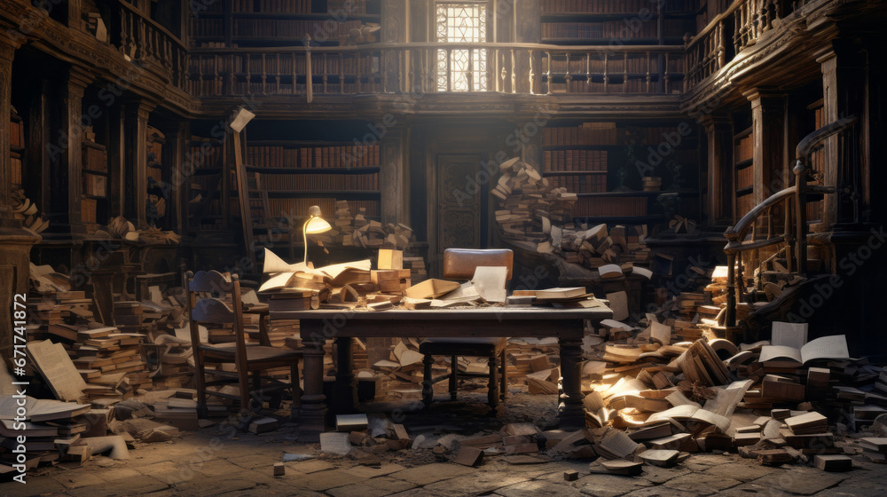 An old, musty library with crumbling bookshelves and a single, dusty ...