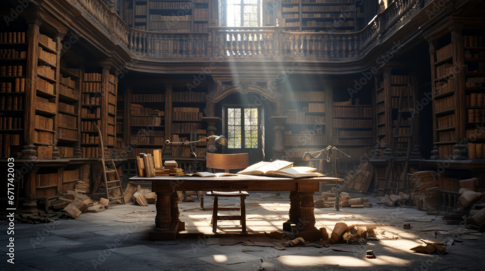 An old, musty library with crumbling bookshelves and a single, dusty ...