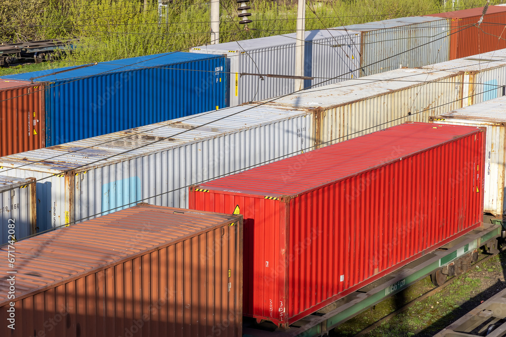 Trains with unmarked 40-foot freight containers. International ...