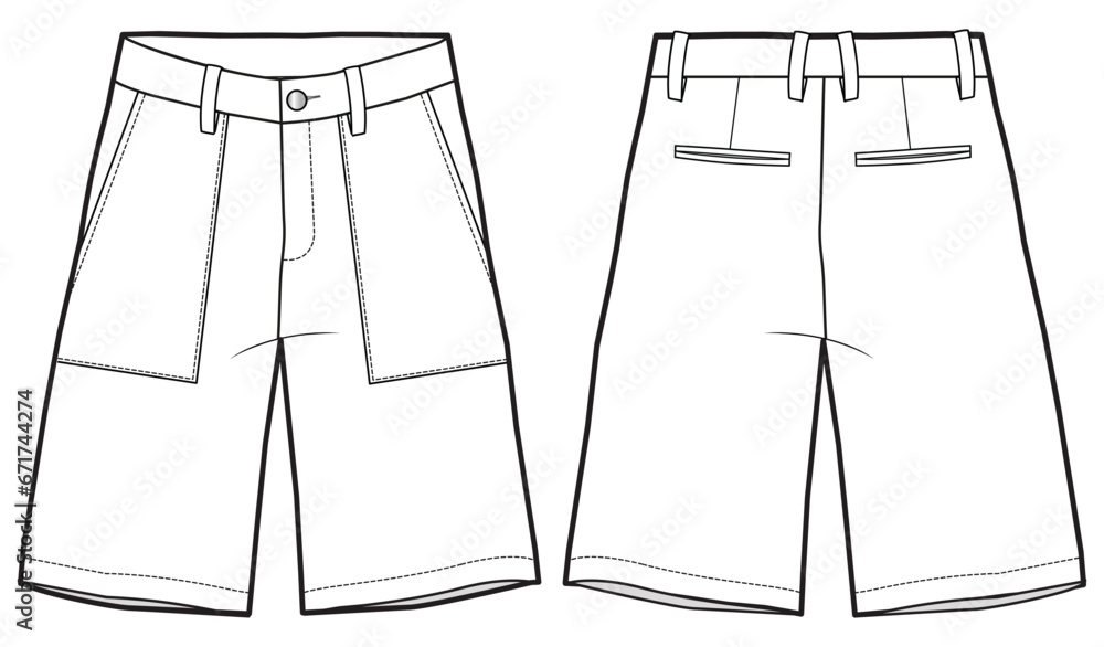 Men's formal Sartorial chino shorts front and back view flat sketch ...