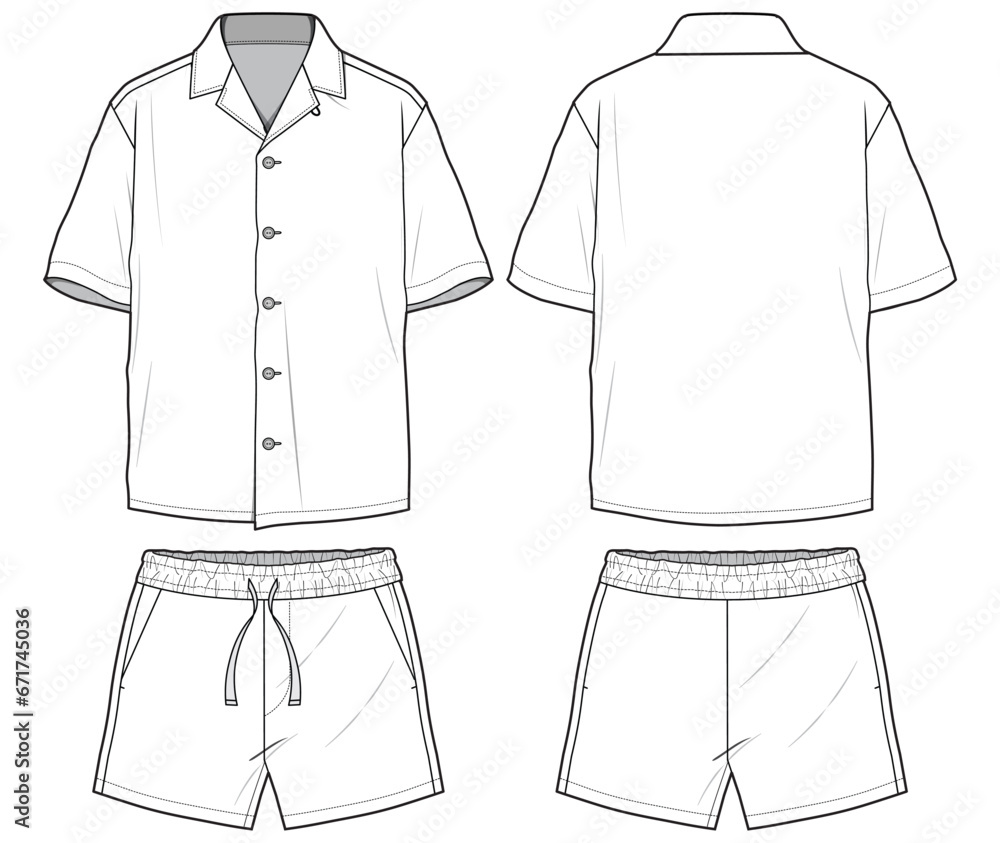 Men's short sleeve hawaiian resort shirt with shorts set design flat ...