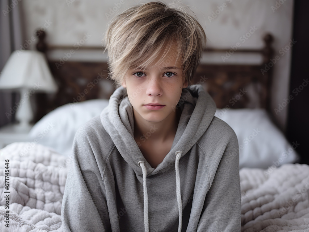 Upset boy sitting alone on bed at home, feeling sad and lonely ...