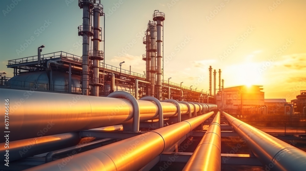 Steel Pipeline of Oil and gas plant with pipe rack. Refinery plant ...