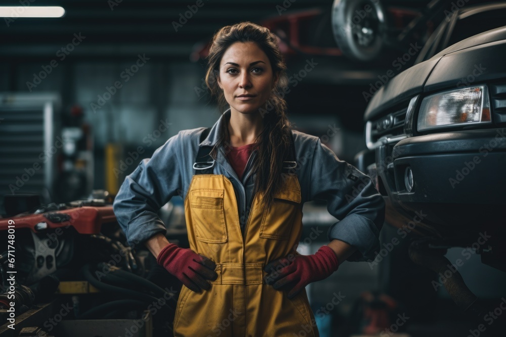 A woman auto mechanic in a garage, holding a wrench and working on a ...