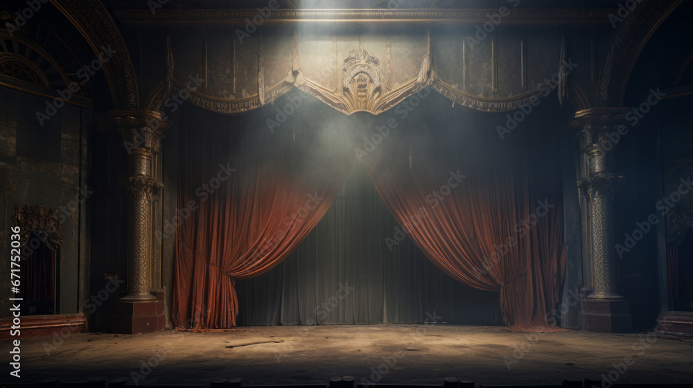 An old, abandoned theatre with faded curtains and a single spotlight ...