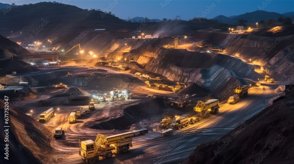 Mine industry, excavator and truck for coal quarry, Large quarry dump ...