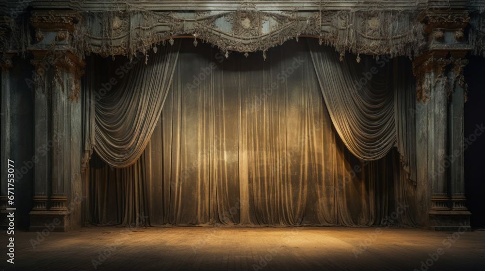 An old, abandoned theatre with faded curtains and a single spotlight ...