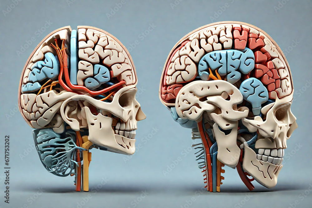 Anatomy of the human brain, front and side views, 3d illustration ...