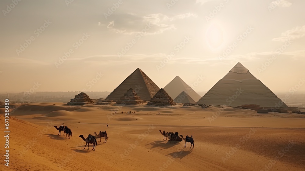 Egyptian pyramids vibrant sunset, casting long shadows golden desert ...