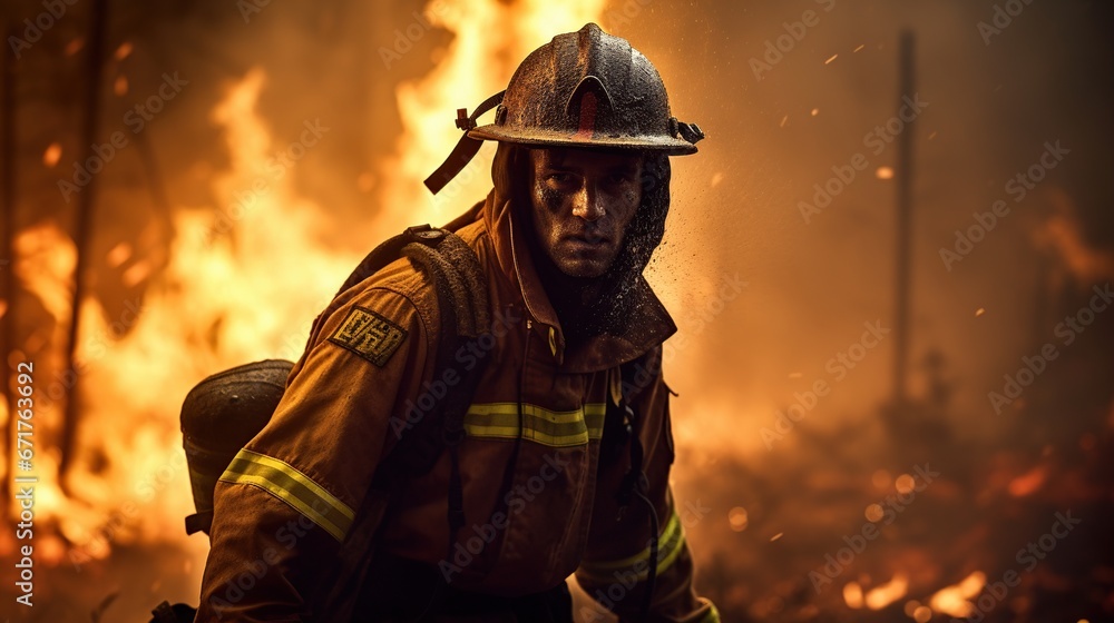 Firefighter Steadily Extinguishing a wildfire with a Fire Hose.AI ...