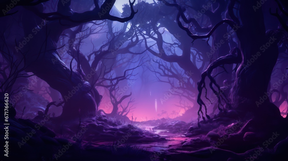 Night magical fantasy forest. Forest landscape, neon, magical lights in ...