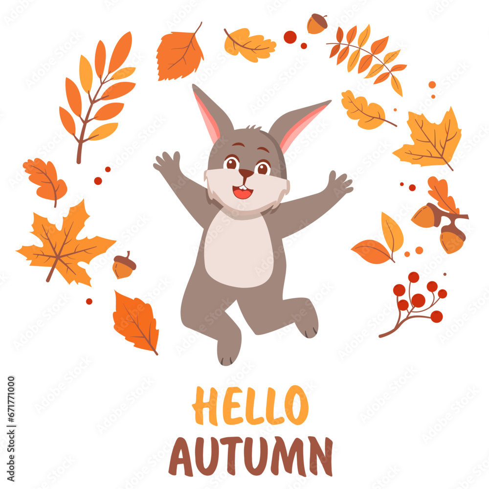 Hello autumn postcard with hare. Cute bear fall leaves around.Hello ...