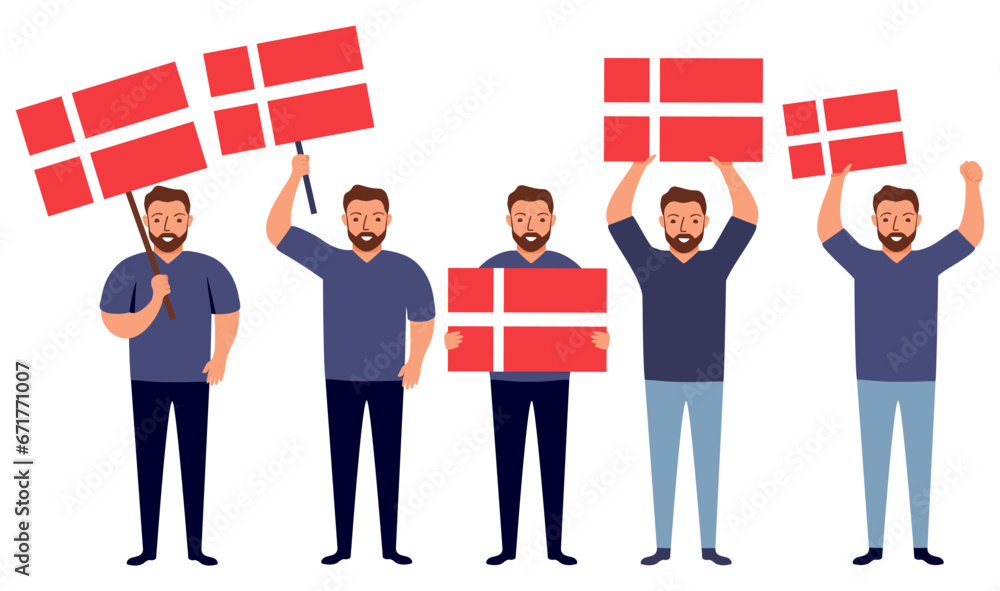 Denmark flag waving man.Joyful guy hand holding Denmark flag.Character ...