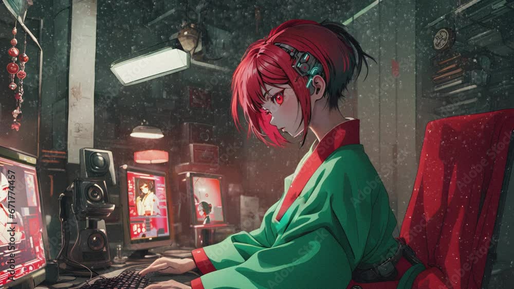 Cyclic anime background for streamers or as wallpaper - a girl with red ...