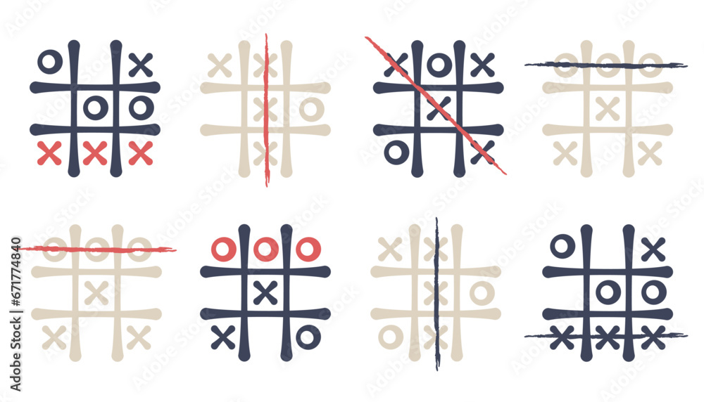 Classic child's play of tic tac toe. Set of Hand drawn outline ...