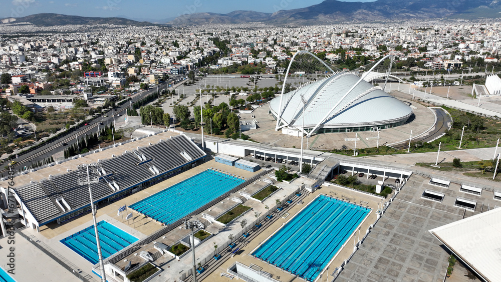 Aerial drone panoramic view of sports facilities of OAKA and Olympic ...
