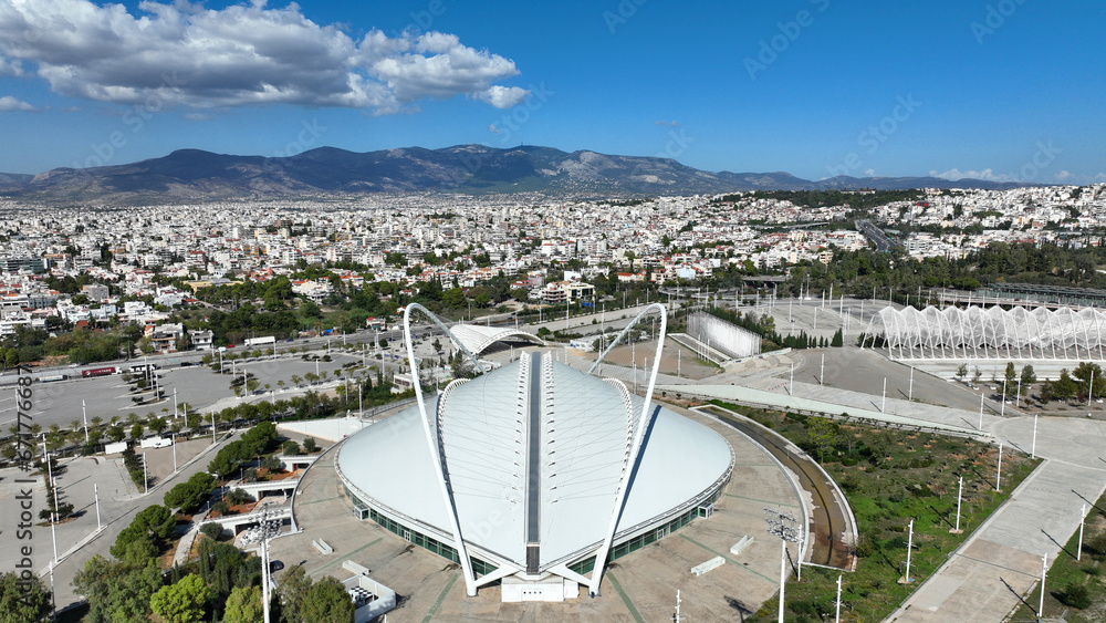 Aerial drone panoramic view of sports facilities of OAKA and Olympic ...