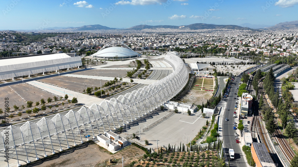 Aerial drone panoramic view of sports facilities of OAKA and Olympic ...