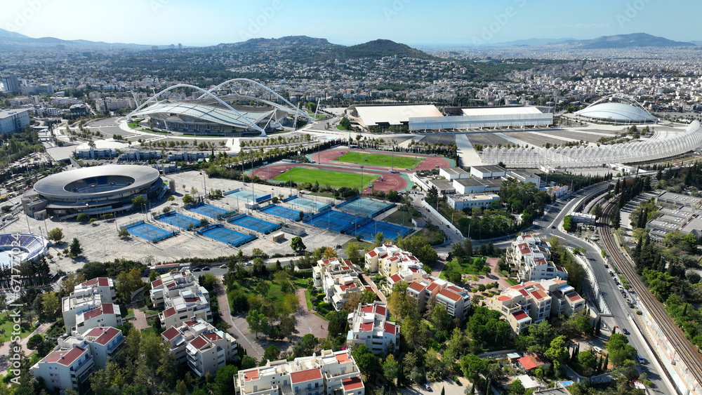 Aerial drone panoramic view of sports facilities of OAKA and Olympic ...