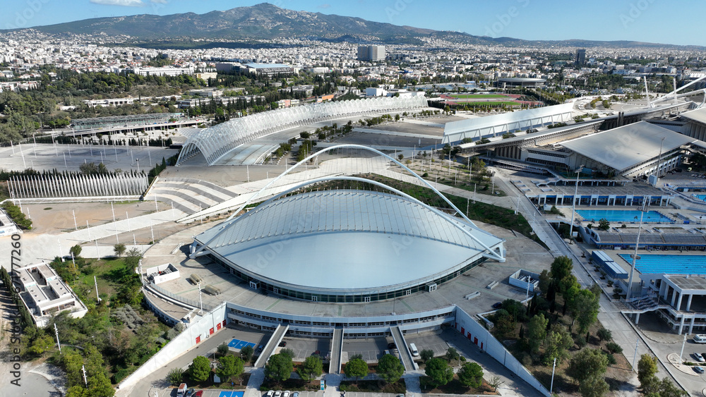 Aerial drone panoramic view of sports facilities of OAKA and Olympic ...