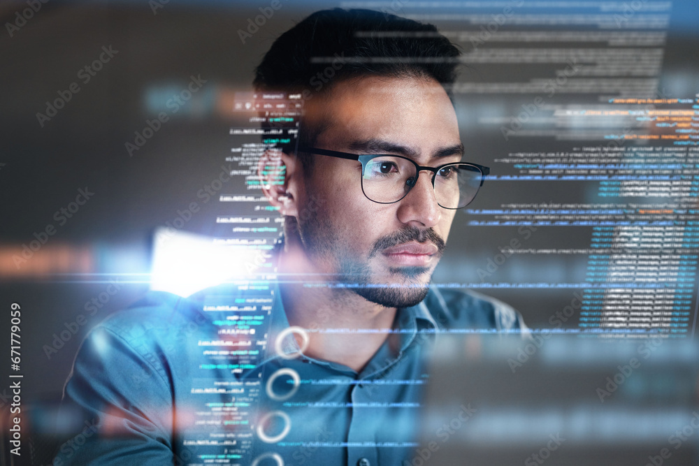 Programming Coding And Man With Focus Hologram And Trading With Cyber Security Futuristic And