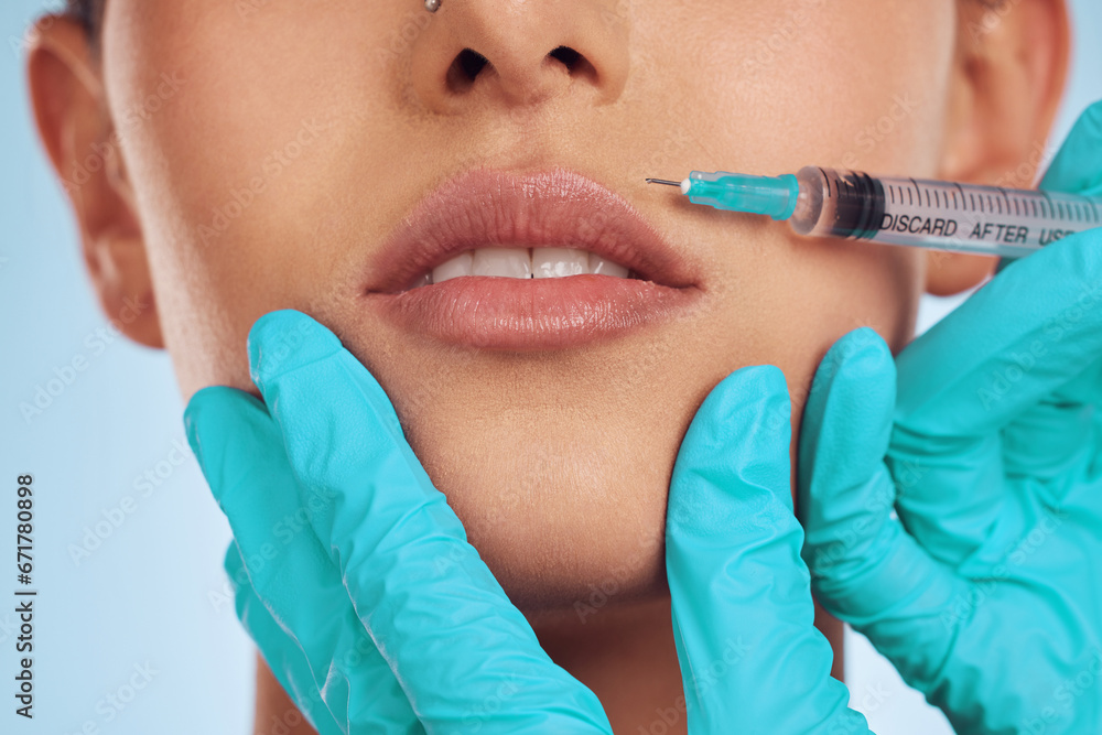Closeup, woman and plastic surgery with a needle, lip filler and ...