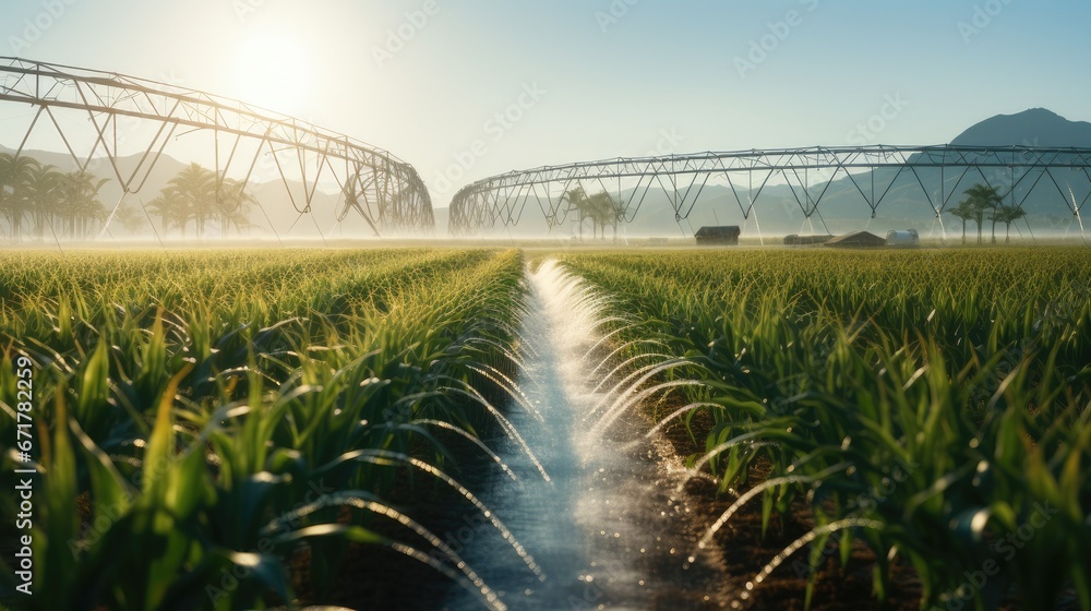 Foto de industrial irrigation of a huge corn field, a complex system of ...