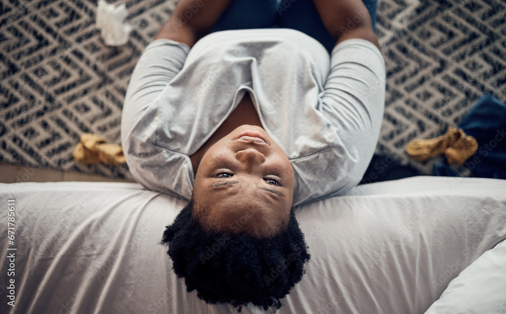 Sad, crying and black woman with depression, stress or anxiety from ...