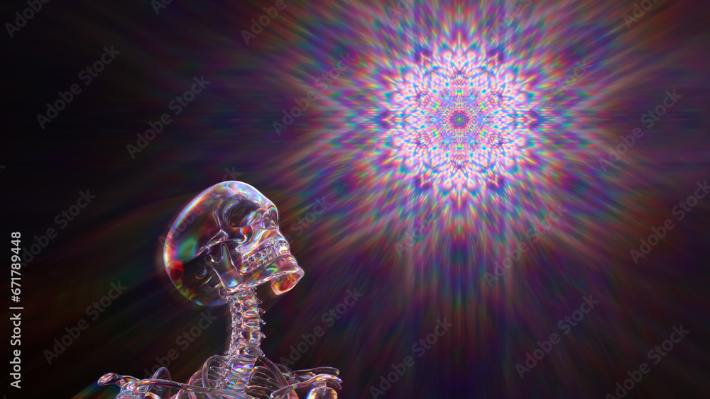 3d illustration. a skeleton made of translucent glass rises from the ...