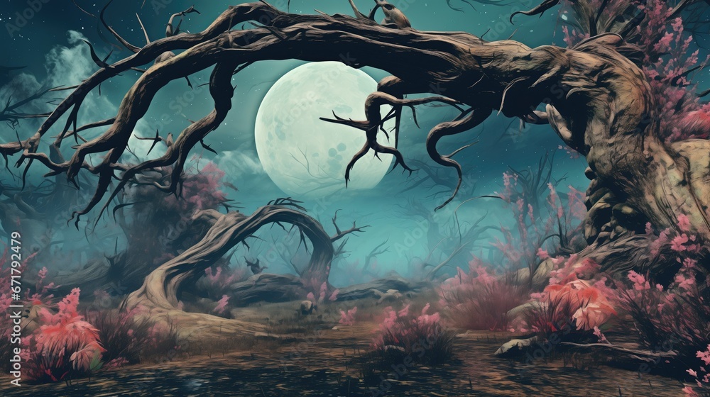 Glitched nature scene with twisted trees, warped flowers, and a surreal ...