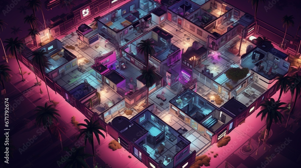 Retro video game with pixelated top-down view. Neon-lit cityscape, palm ...