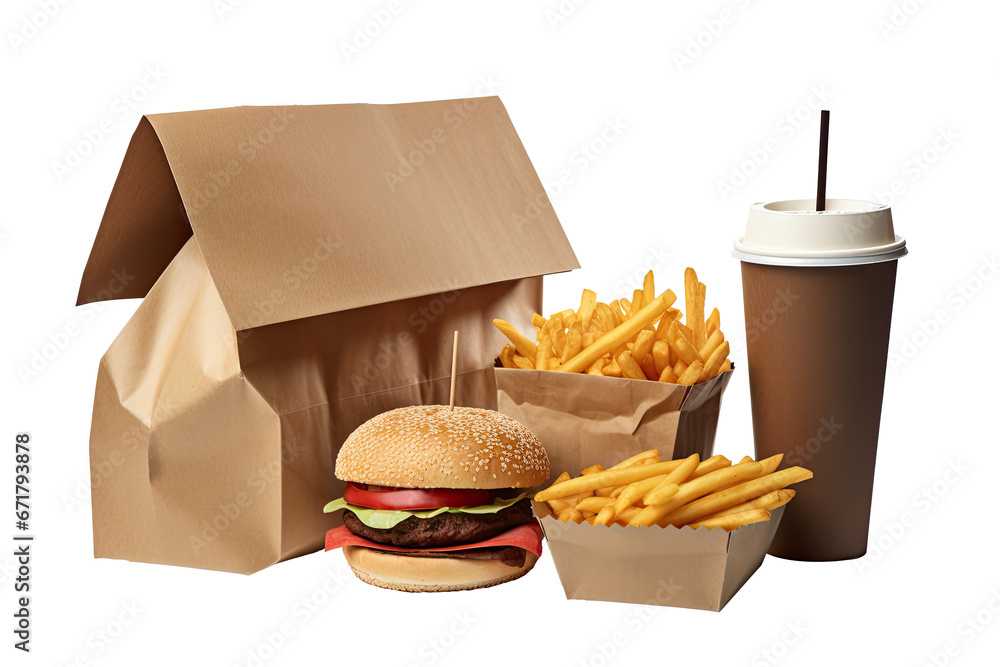 collection of fast food boxes in a recycle pack, delivery advertisement ...