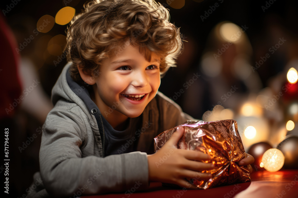 A child unwrapping a present with an excited expression, capturing the ...