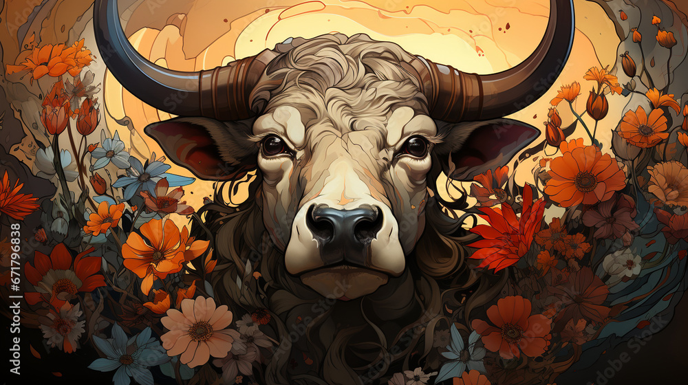 Taurus: A serene and majestic bull amidst lush, blooming fields ...