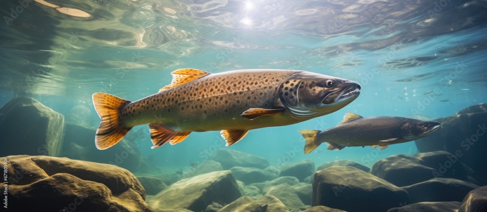 Transparent water in a fishpond hatchery hosts brown trout salmonid ...