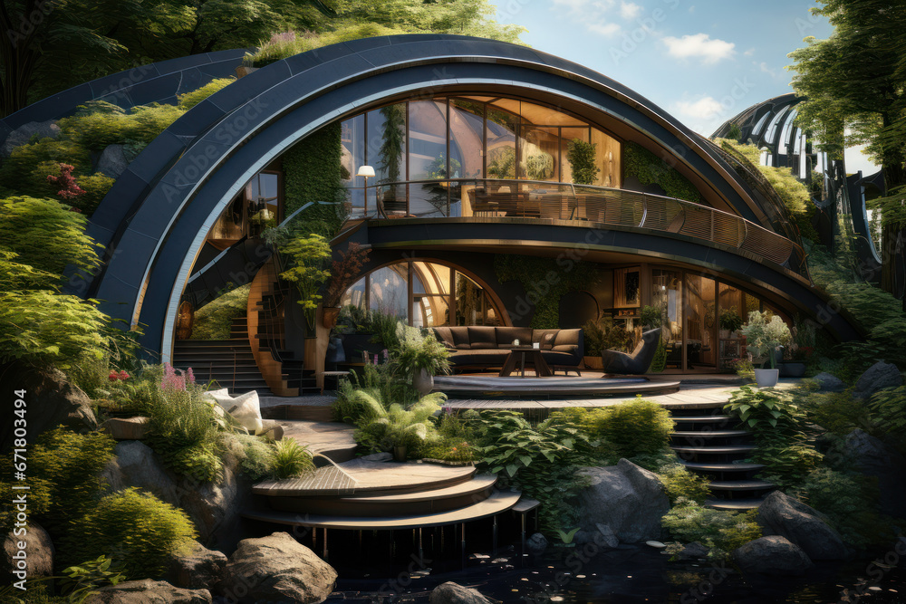A sustainable eco-house set amidst a lush green environment ...