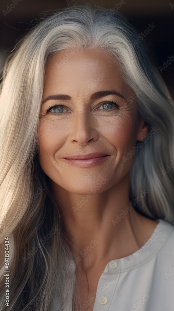 Ageless Glow: Up-Close with a Radiant Mature Woman with Lustrous Gray ...