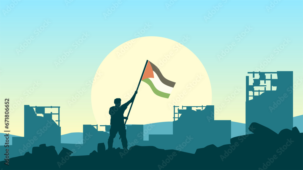 Palestine landscape vector illustration. Silhouette of man holding ...