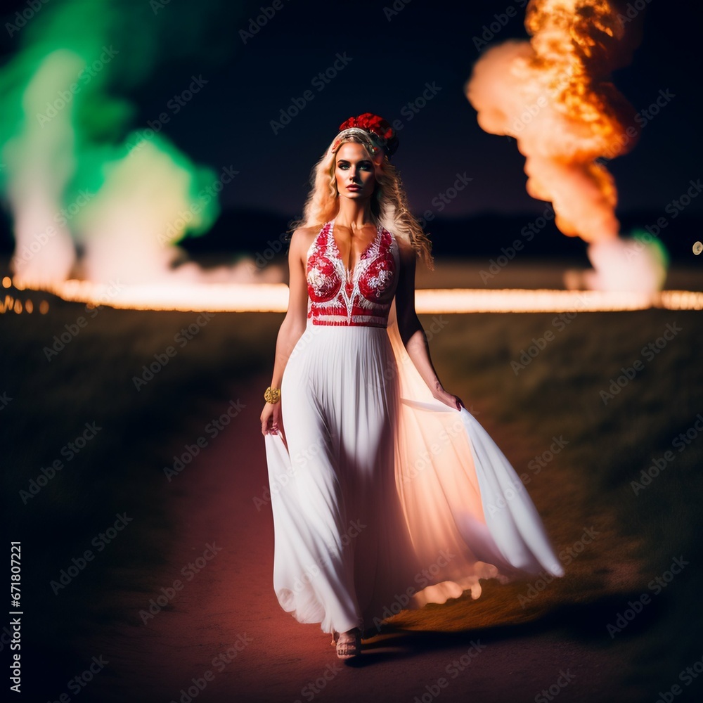 Long shot of a Blonde, green eyed female balkan woman walking in fire ...
