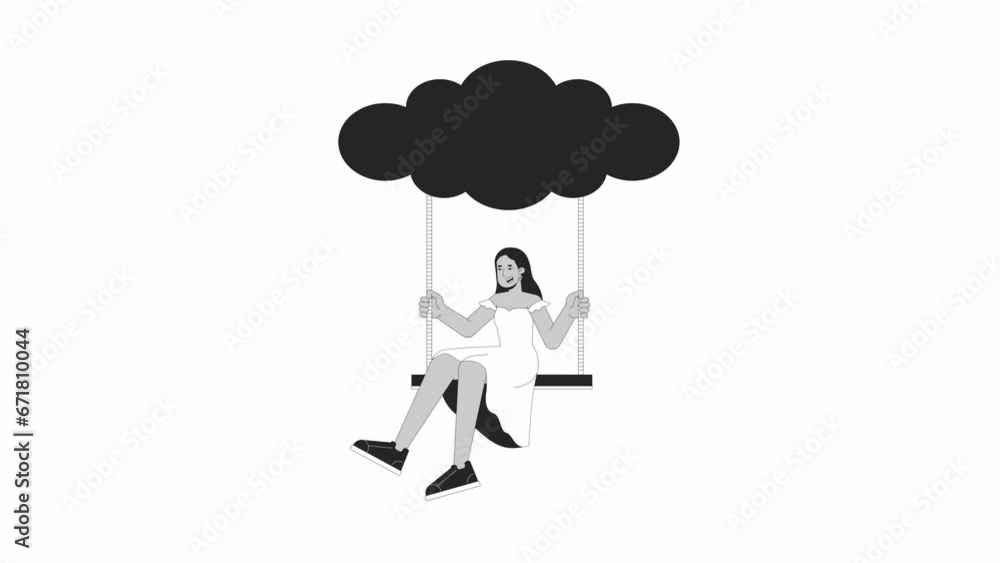 Happy girl rides on swing hanging from cloud bw outline 2D animation ...